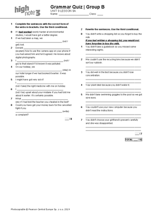 High Note 3 AK Grammar Quiz A - Grammar Quizzes | Answer Key GROUP A ...