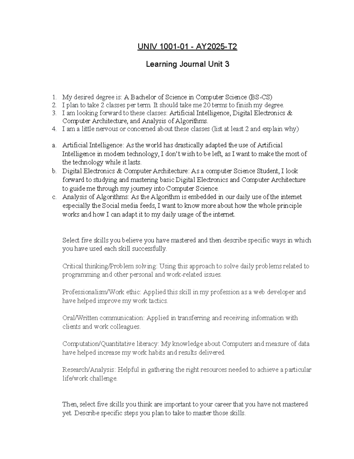 UNIV 1001-01 - AY2025-T2 Learning Journal Entry for Unit 3 - Studocu
