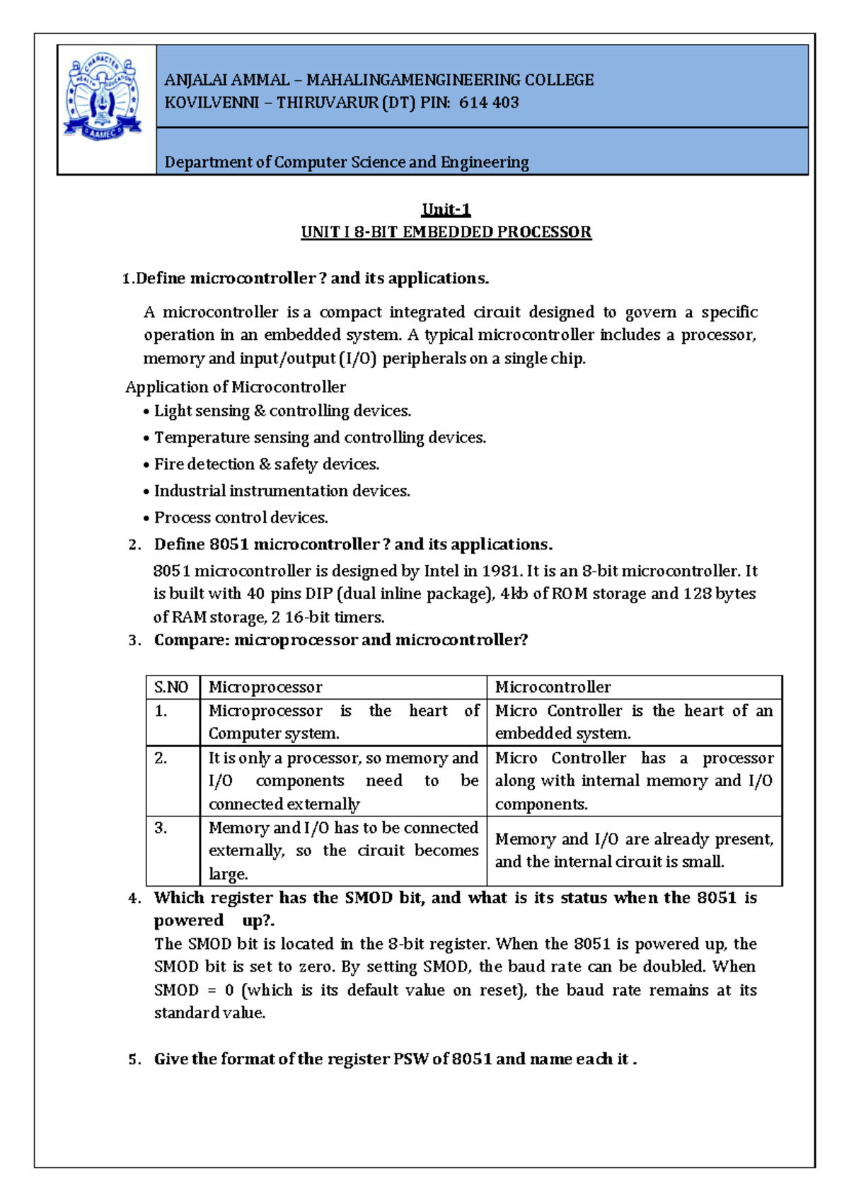 CS3691-ES Lecture Plan: Embedded Systems & IoT Overview - Studocu