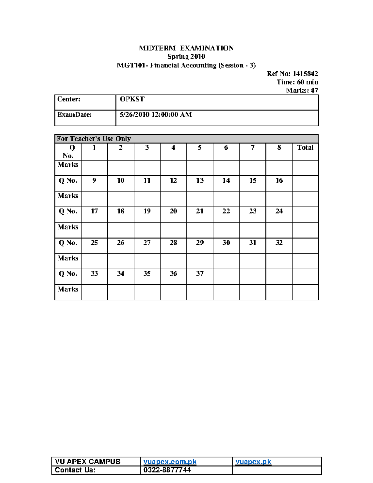 MGT101 Midterm Exam Spring 2010 - Financial Accounting - Studocu