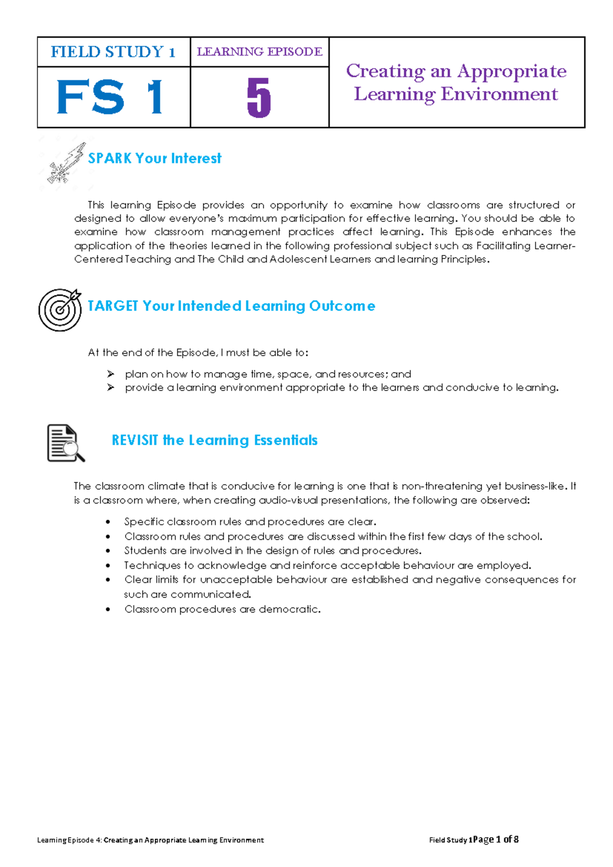 FIELD STUDY 1 LEARNING EPISODE 4: Creating a Conducive Learning ...