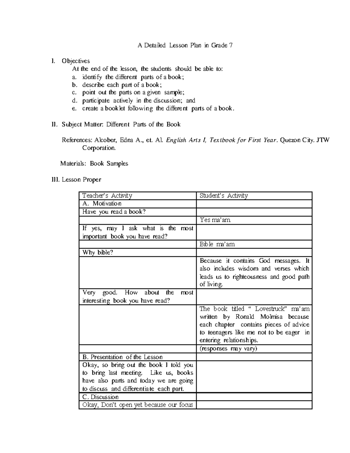 Grade 7 English Lesson Plan: Exploring Parts of a Book - Studocu