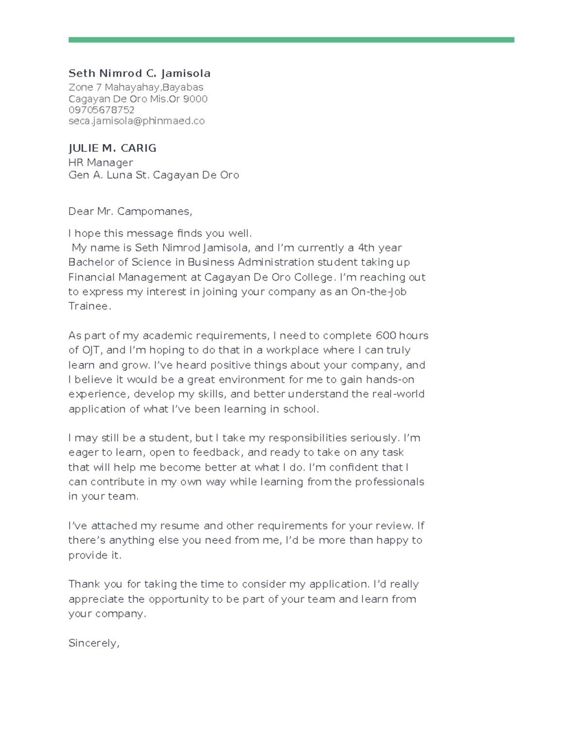 Application Letter for OJT - BSBA Financial Management - Studocu