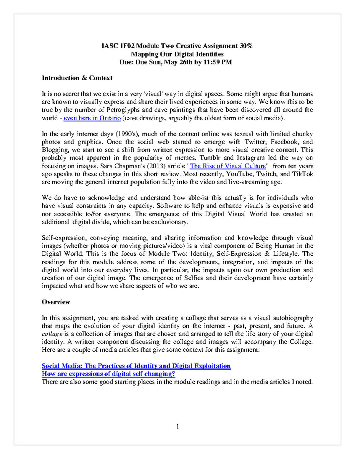 IASC 1F02 Module 2: Visual Autobiography Creative Assignment - Studocu