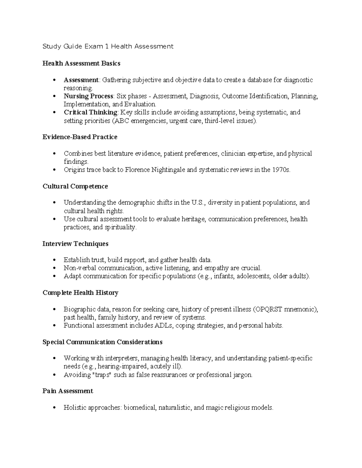 Health Assessment Study Guide for Exam 1 (Nursing, NCLEX Preparation ...