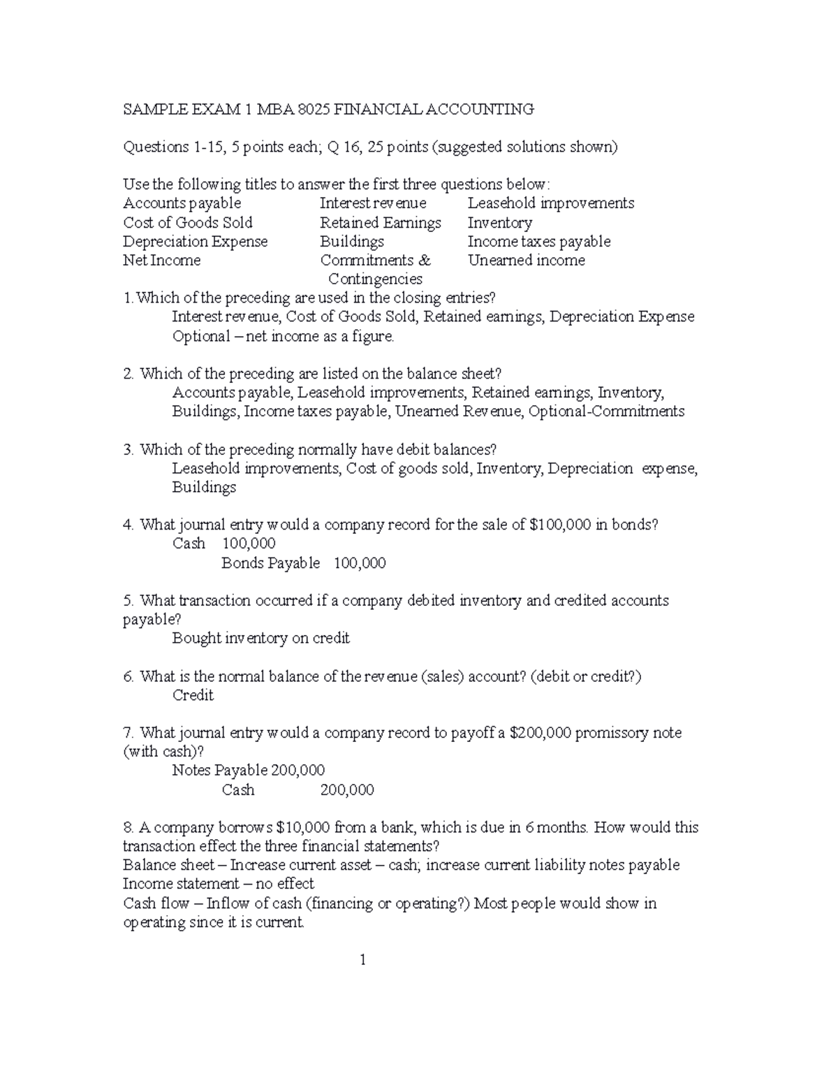 GSU MBA 8025 Sample Exam 1: Financial Accounting Questions & Solutions ...