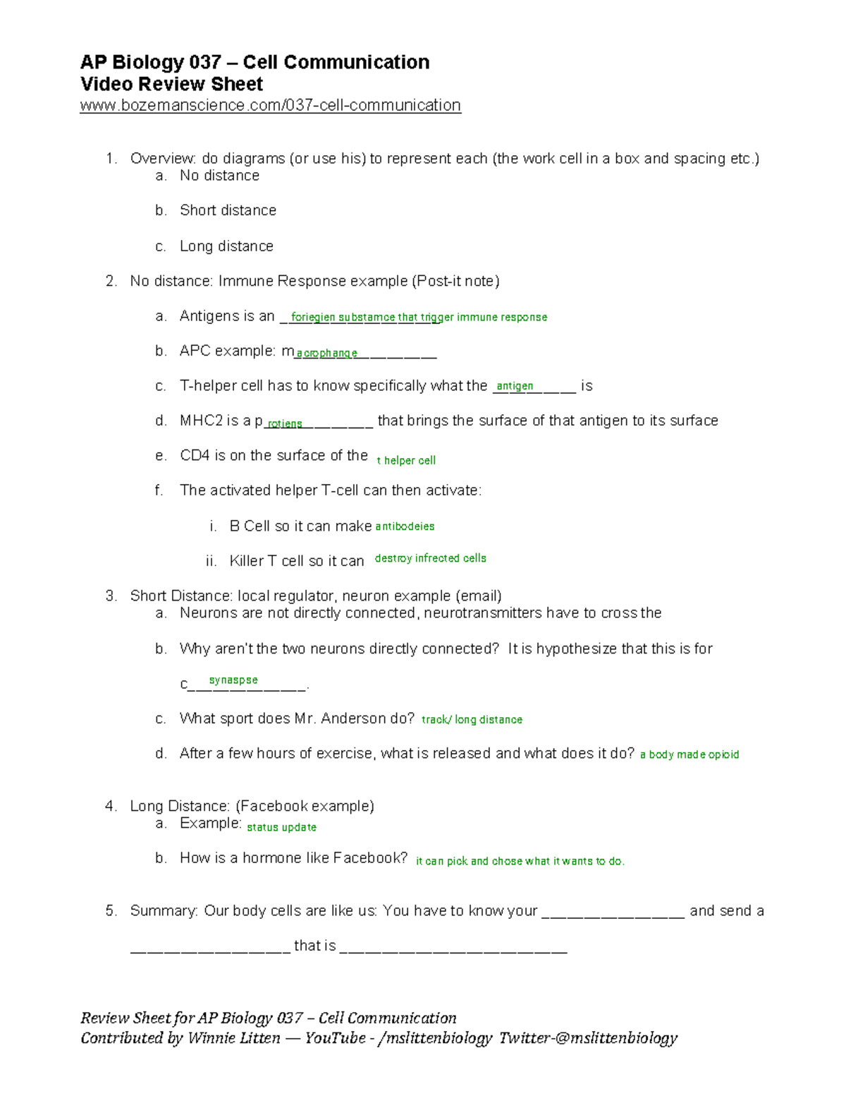 AP Biology 037 Cell Communication Video Review Sheet - Studocu