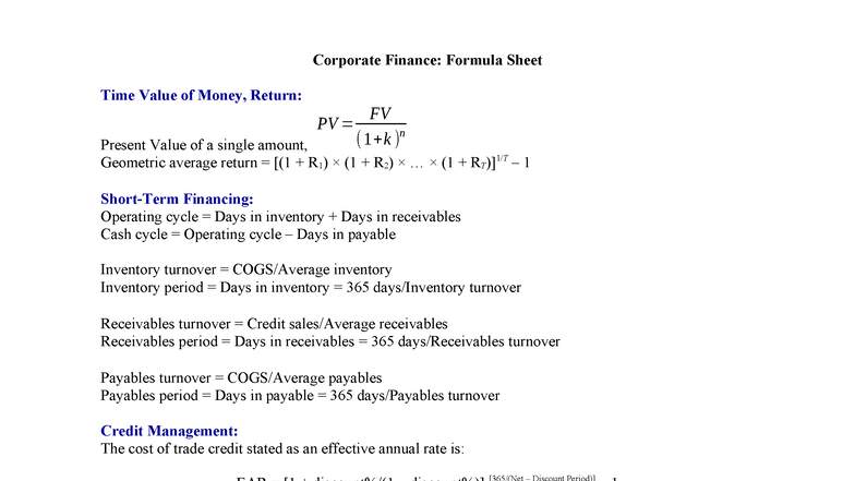 Corporate Finance (FIN 101): Formula Sheet for Time Value of Money ...