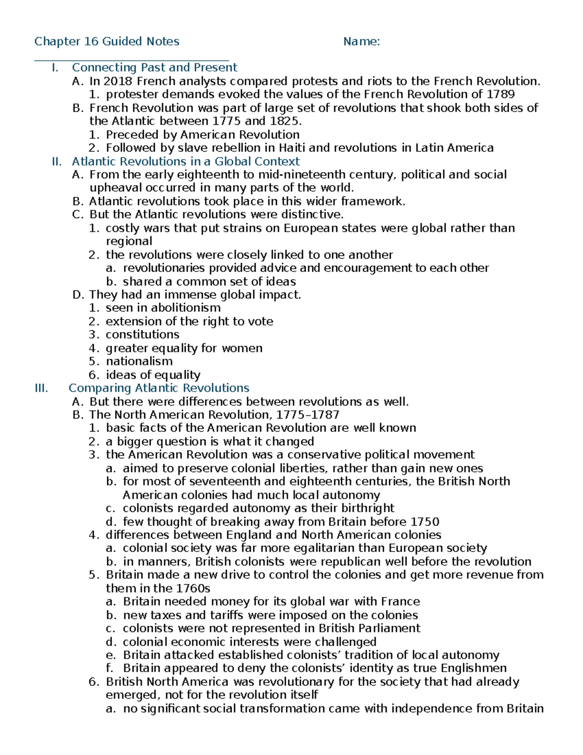 HIST 101 Guided Notes: Chapter 16 - Atlantic Revolutions Overview - Studocu