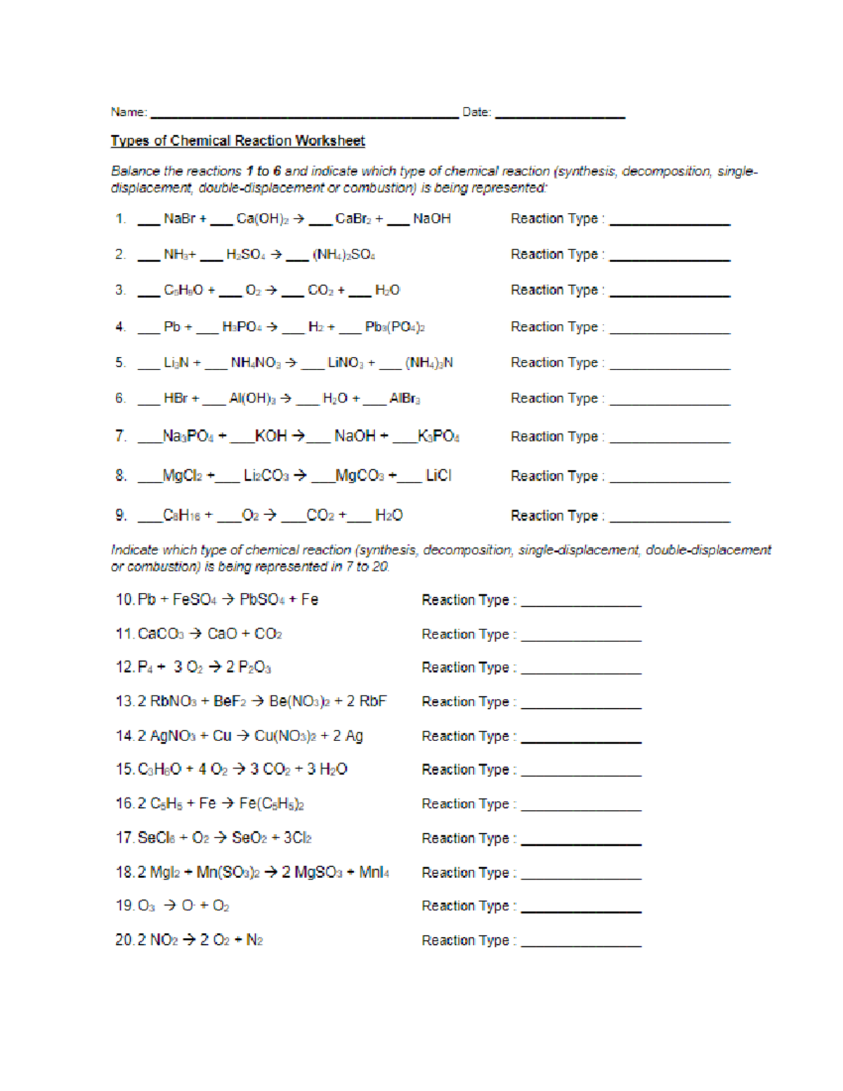 Types of Chemical Reactions Worksheet: Balancing & Identifying Types ...