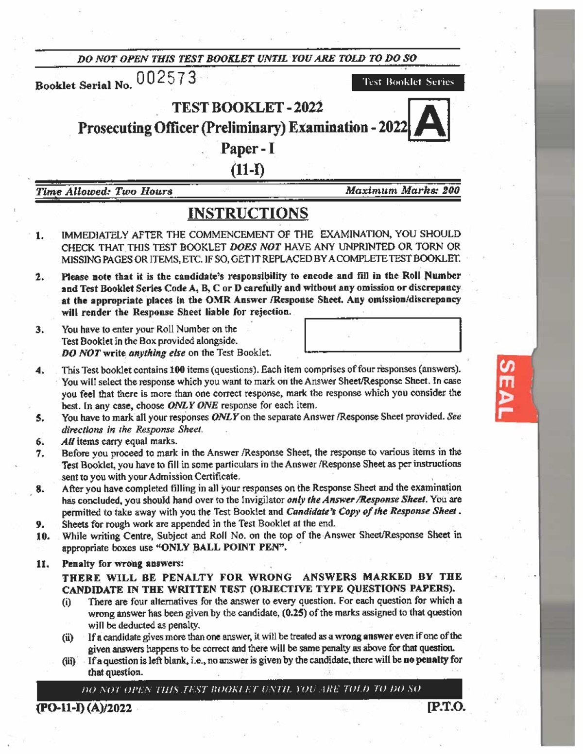 PO PRE Paper I 2022: Test Booklet Instructions and Guidelines - Studocu