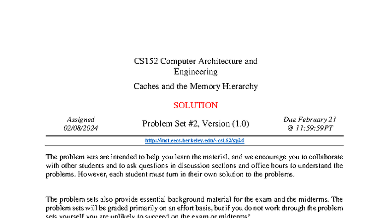 CS152 Computer Architecture Problem Set 2 Solutions (Version 1.0) - Studocu