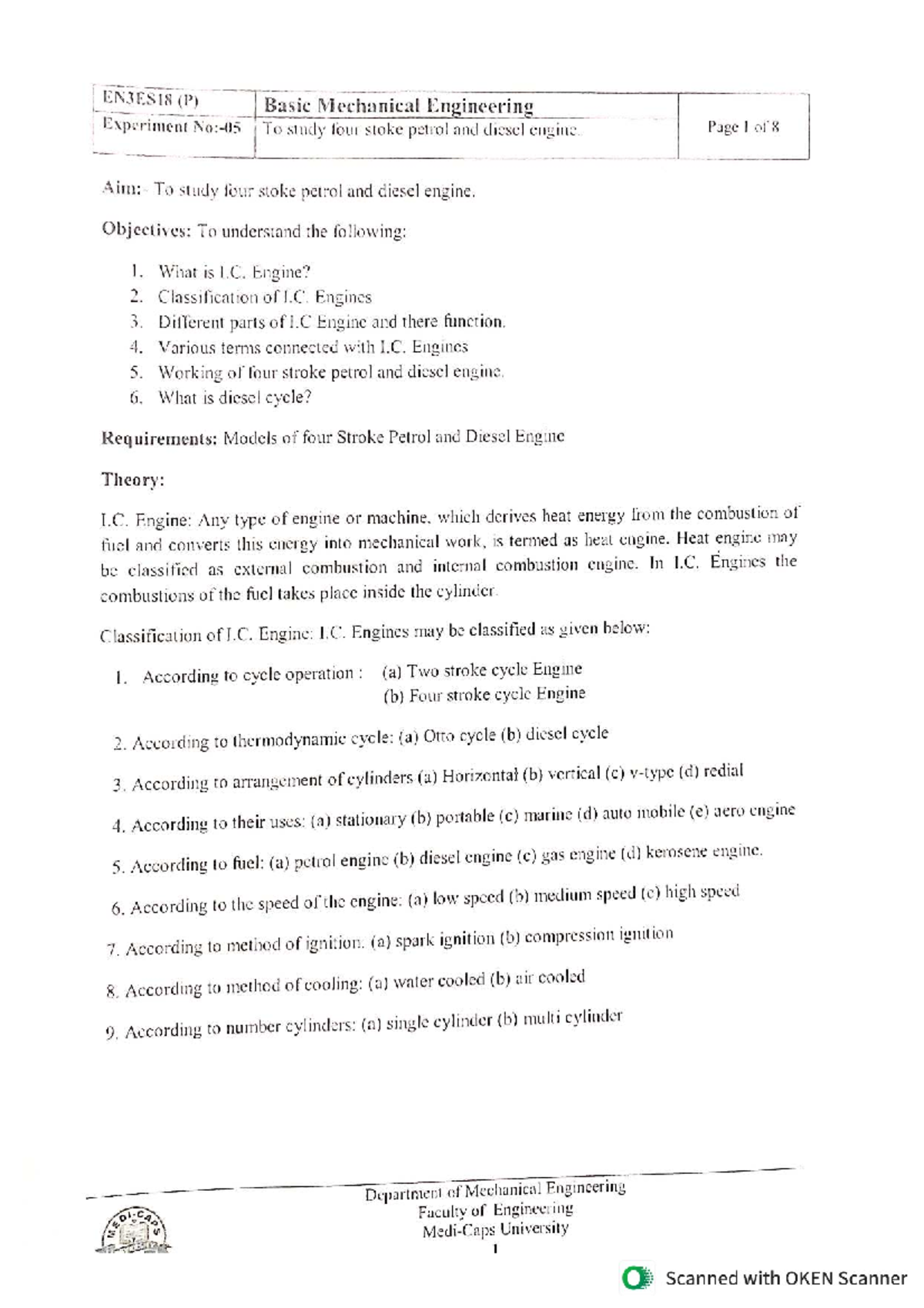 EN3ES18 (P) Basic Mechanical Engineering Experiment: Four Stroke Engine ...