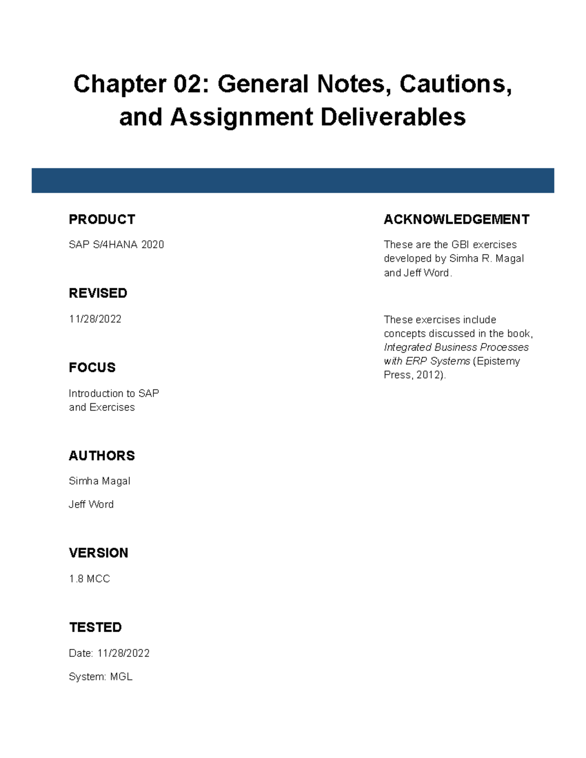 Chapter 02 General Notes Cautions Assignment Deliverables Sap