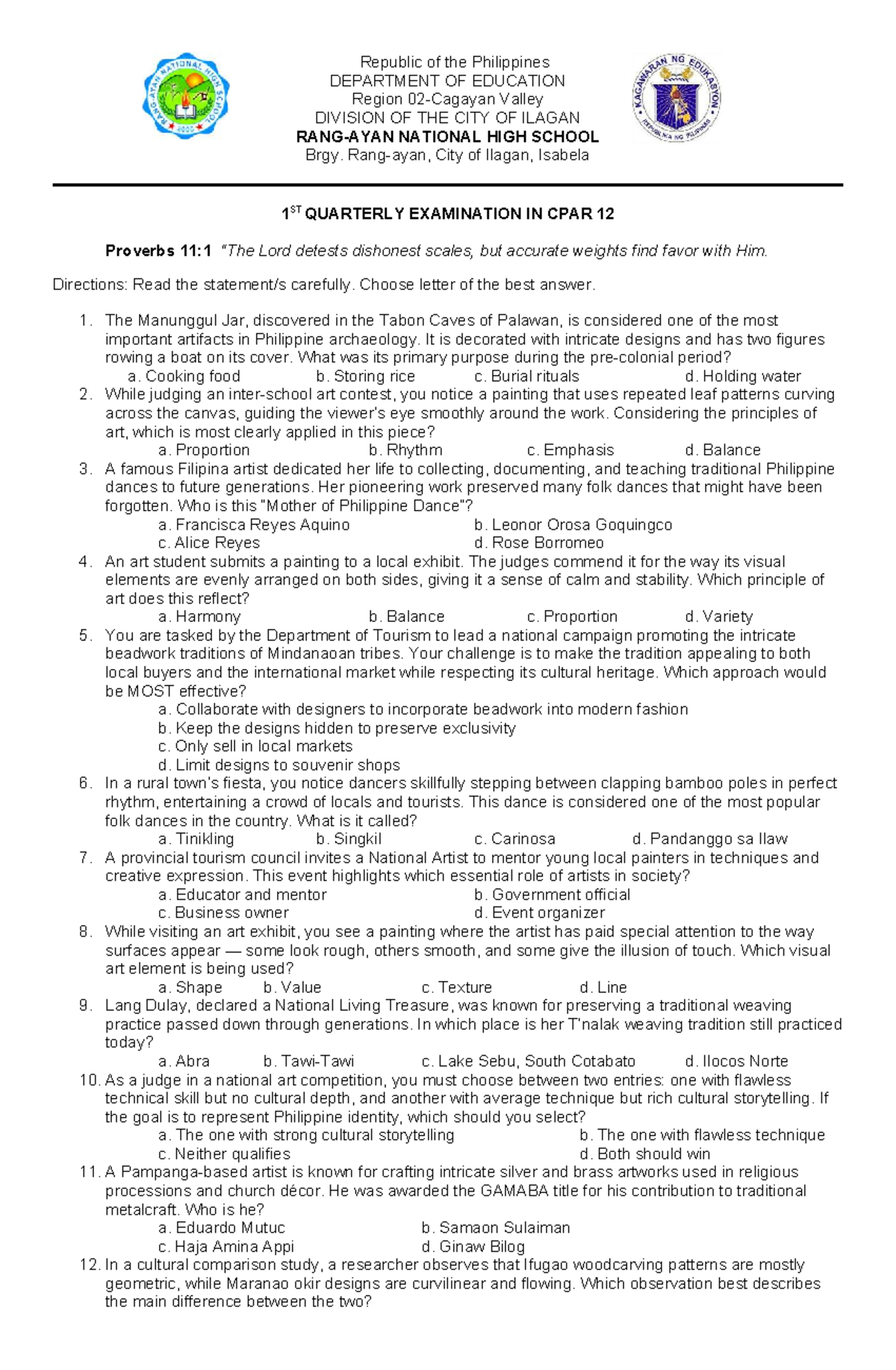 CPAR 12 1st Quarter Exam Review: Art & Culture in the Philippines - Studocu