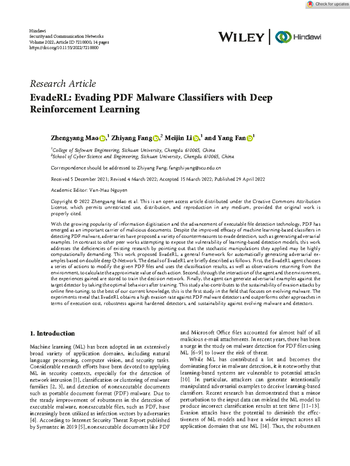 EvadeRL: Deep Reinforcement Learning for Evading PDF Malware Classifiers - Studocu
