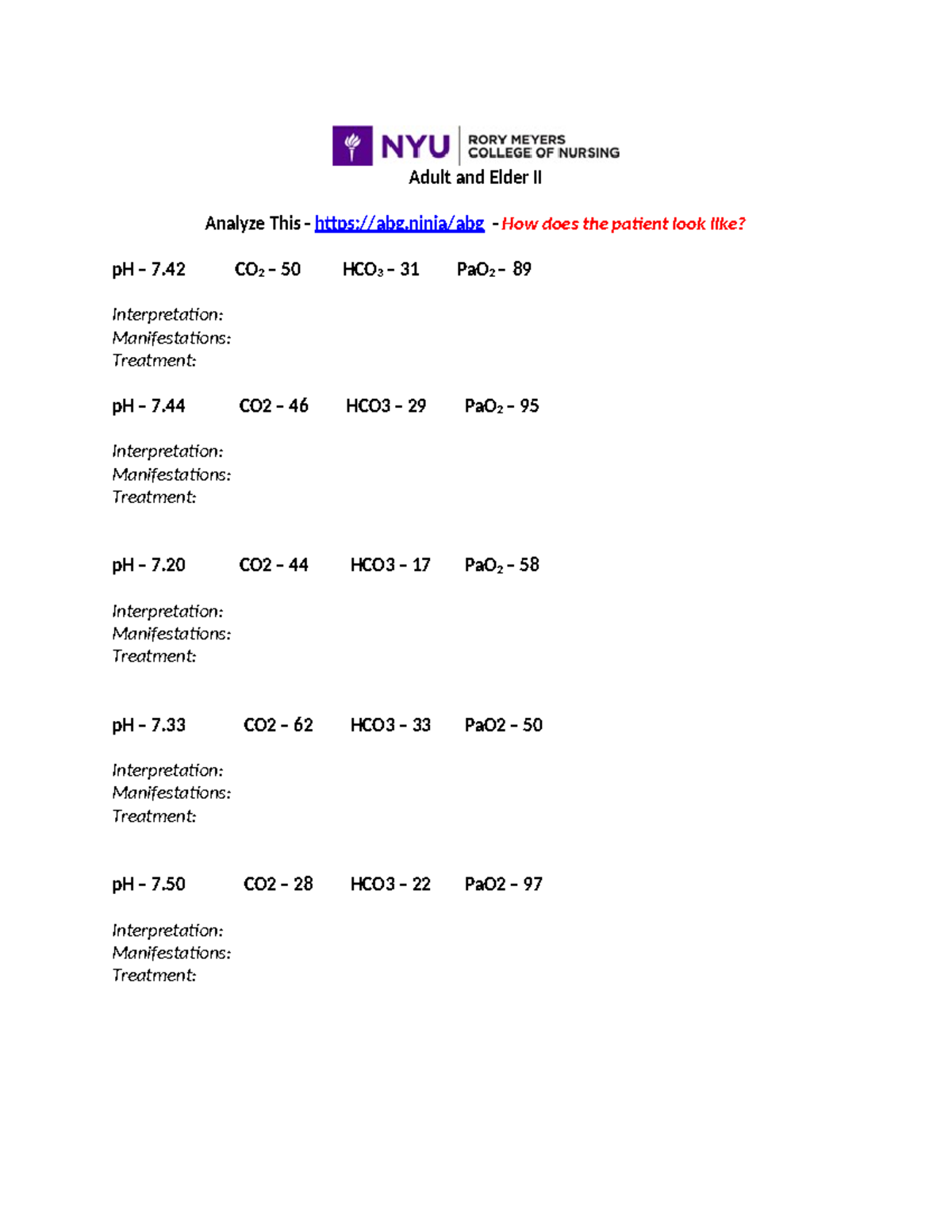 ABG Practice - AE II - Student Version - Copy - NURSE-UN 1241 - Adult ...