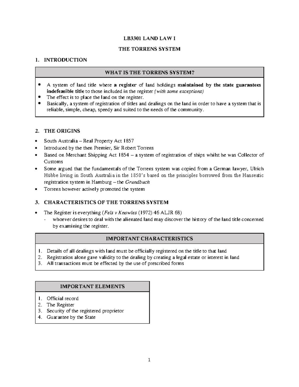 LB3301 Land Law I: Overview of the Torrens System Principles - Studocu