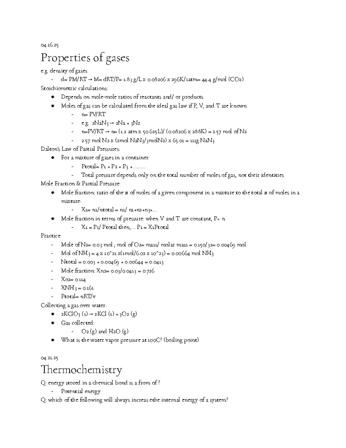 Chemistry 1B Final Exam Notes: Properties of Gases and Thermochemistry ...
