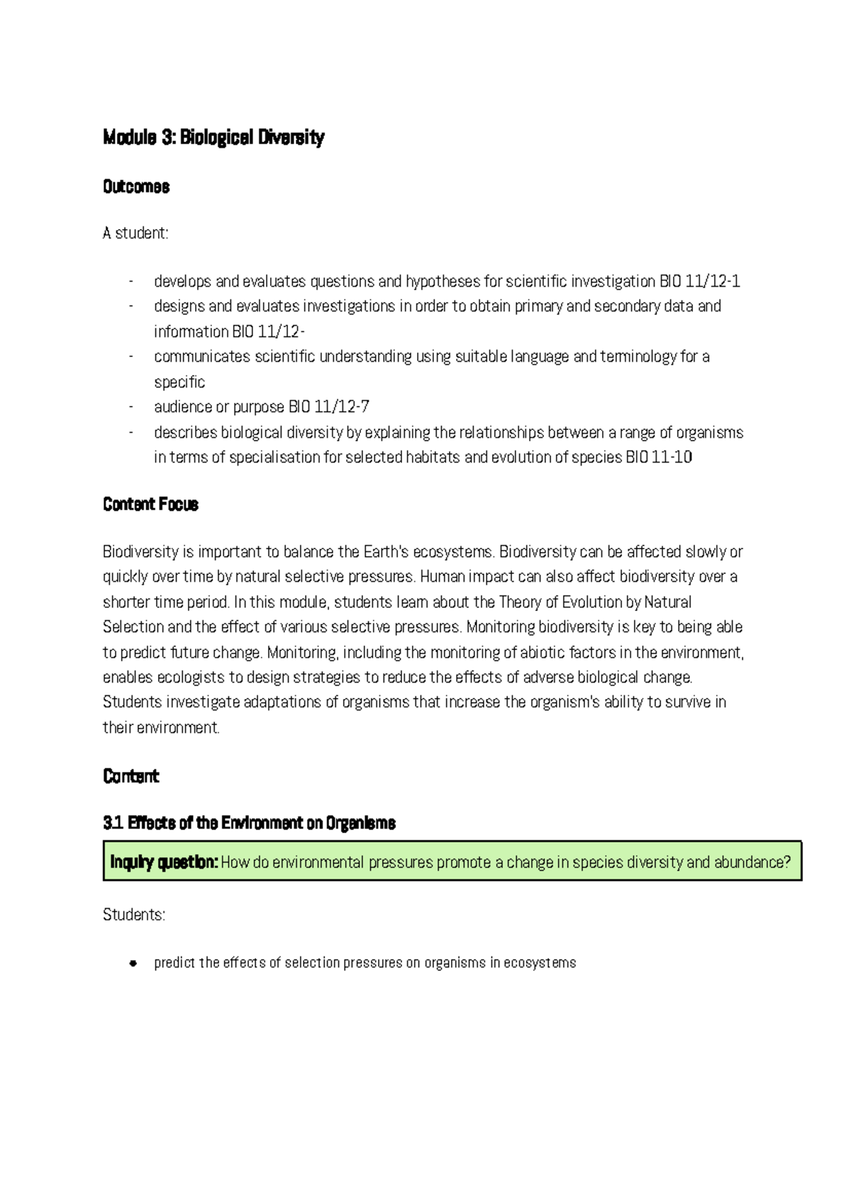 Biology Syllabus Notes: Module 3 - Biodiversity & Evolution (BIO) - Studocu