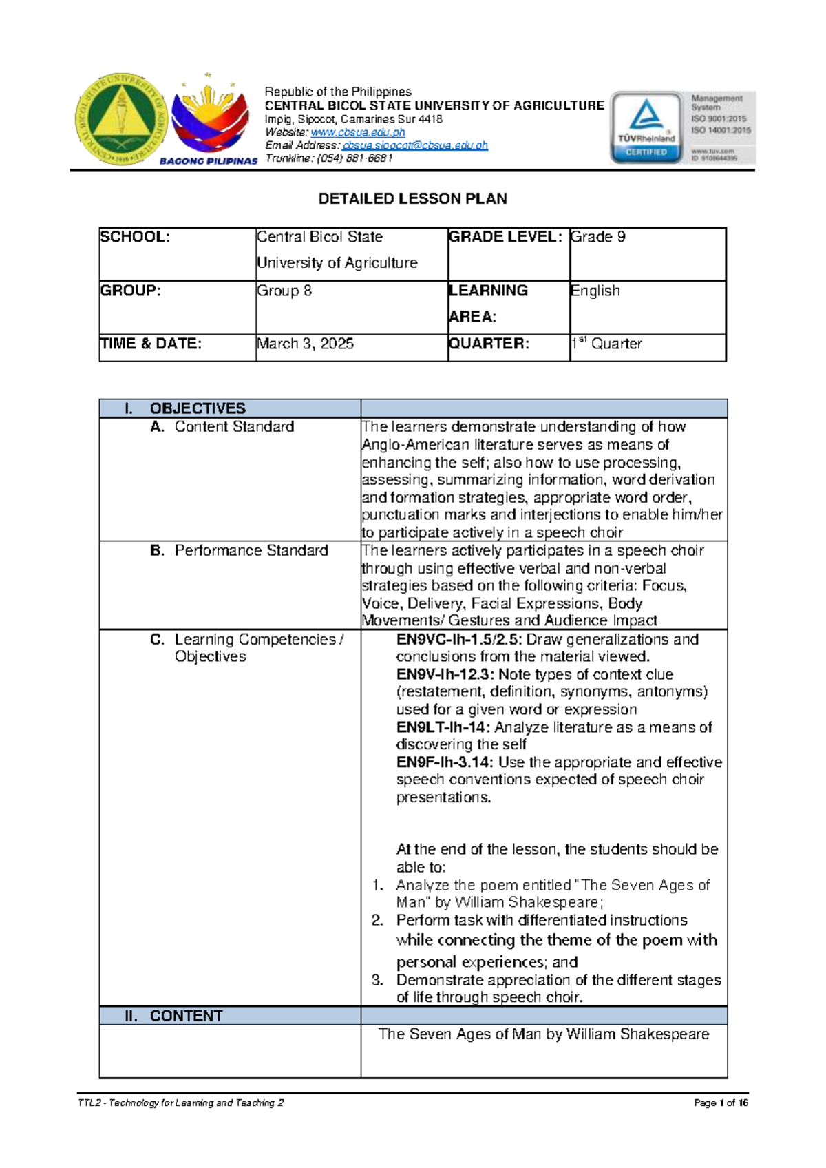TTL2 - Lesson Plan for Analyzing "The Seven Ages of Man" - Studocu