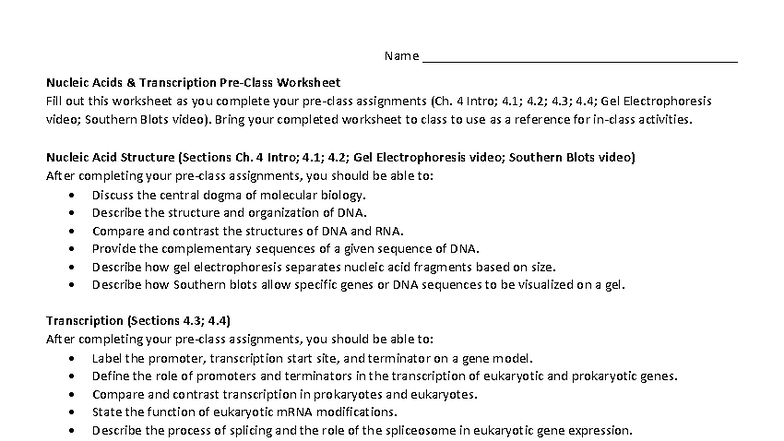 Week 5a Pre-Class Reading Guide: Nucleic Acids & Transcription - Studocu