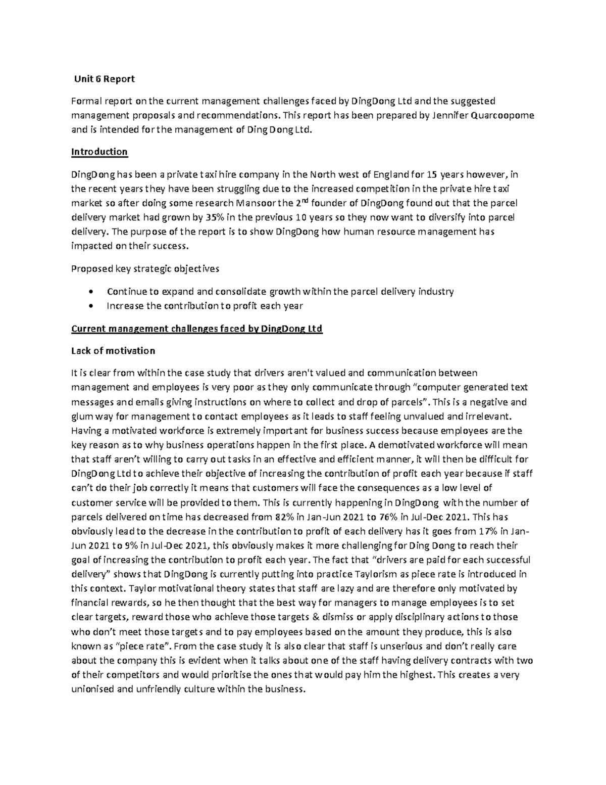 Ding Dong Ltd Management Challenges Report (Unit 6) - Studocu
