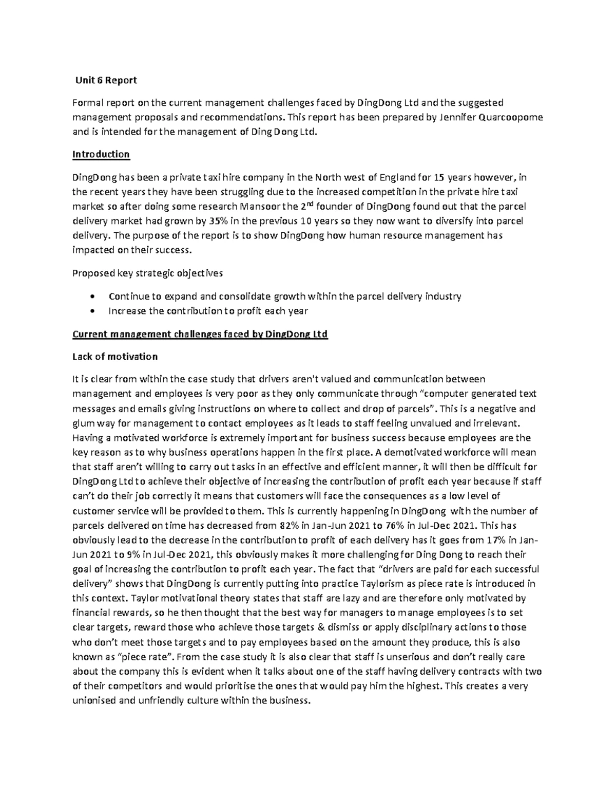 Unit 6 Report - Principles of Management Feedback & Analysis (31588 ...