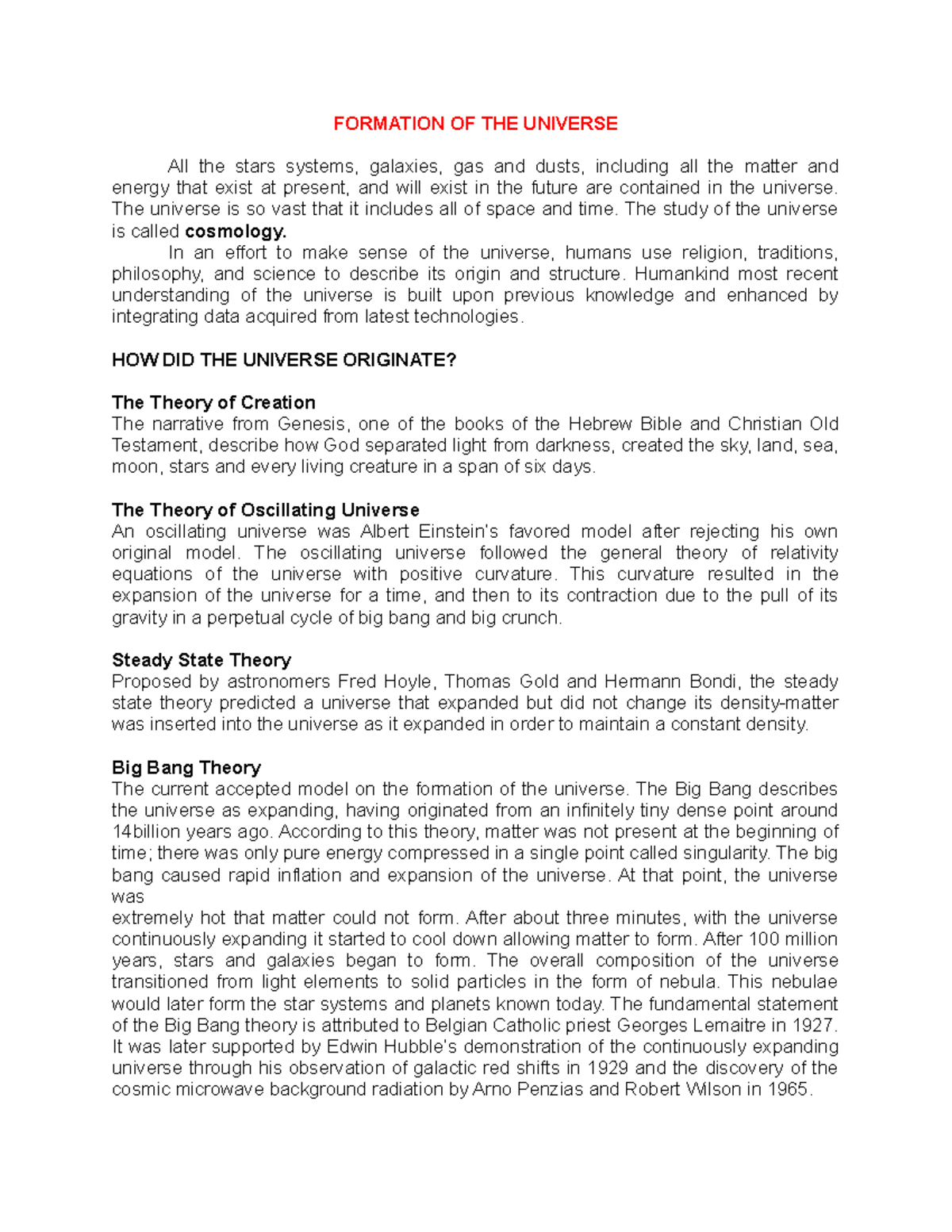 ES Lecture No. 3 Formation OF THE Universe - FORMATION OF THE UNIVERSE ...