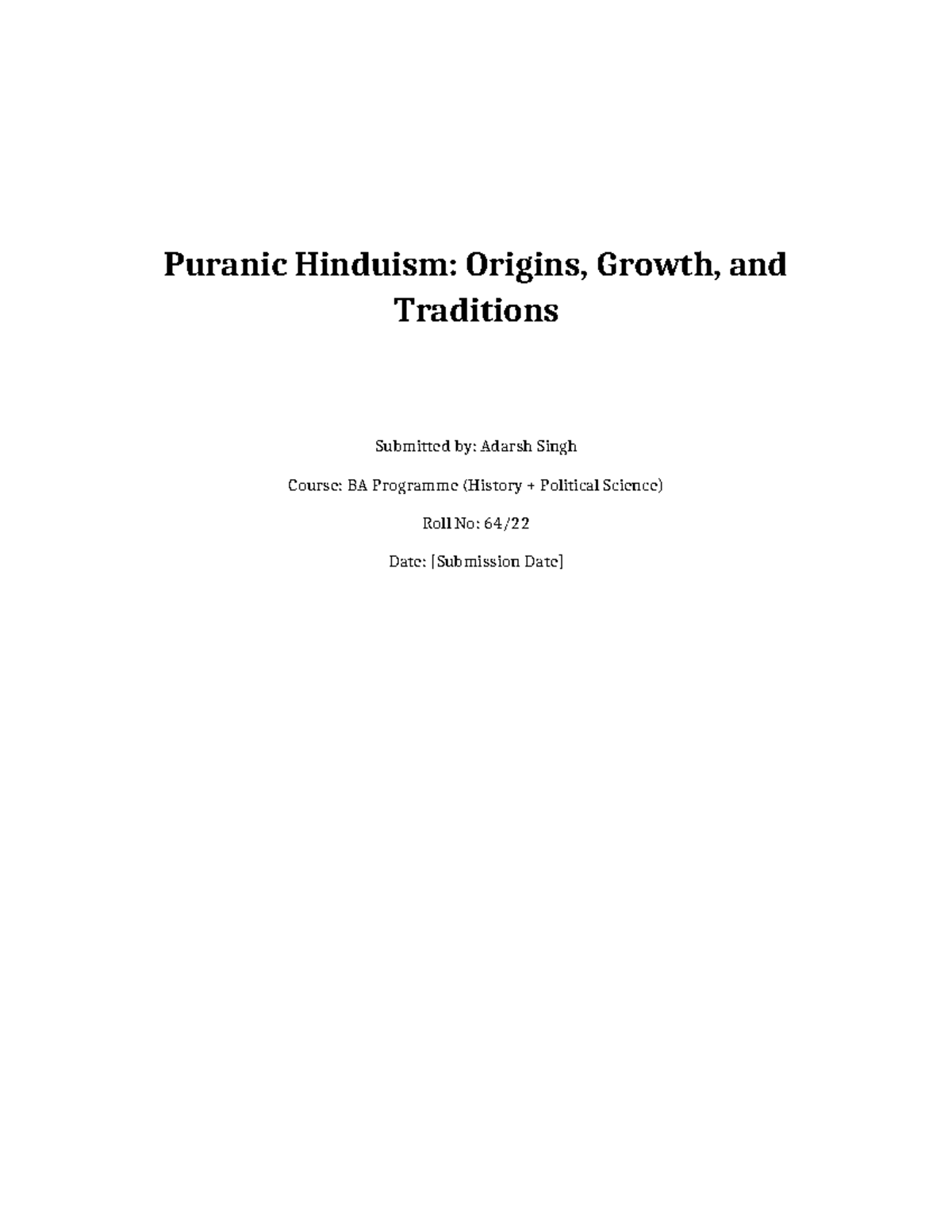 Puranic Hinduism Assignment Adarsh - Puranic Hinduism: Origins, Growth ...