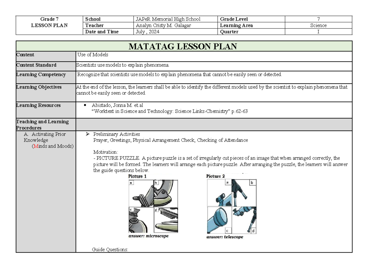 Grade 7 Science I Lesson Plan: Use of Models in Phenomena - Studocu