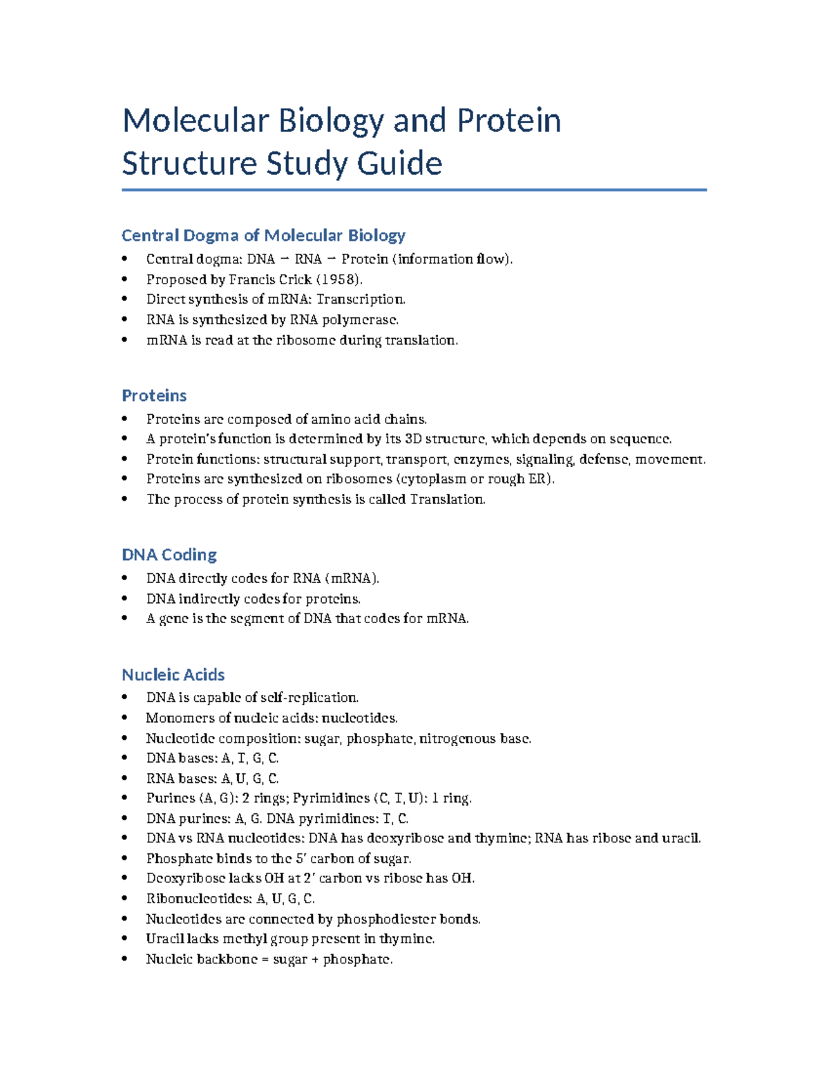 Molecular Biology Study Guide: Central Dogma & Protein Synthesis - Studocu