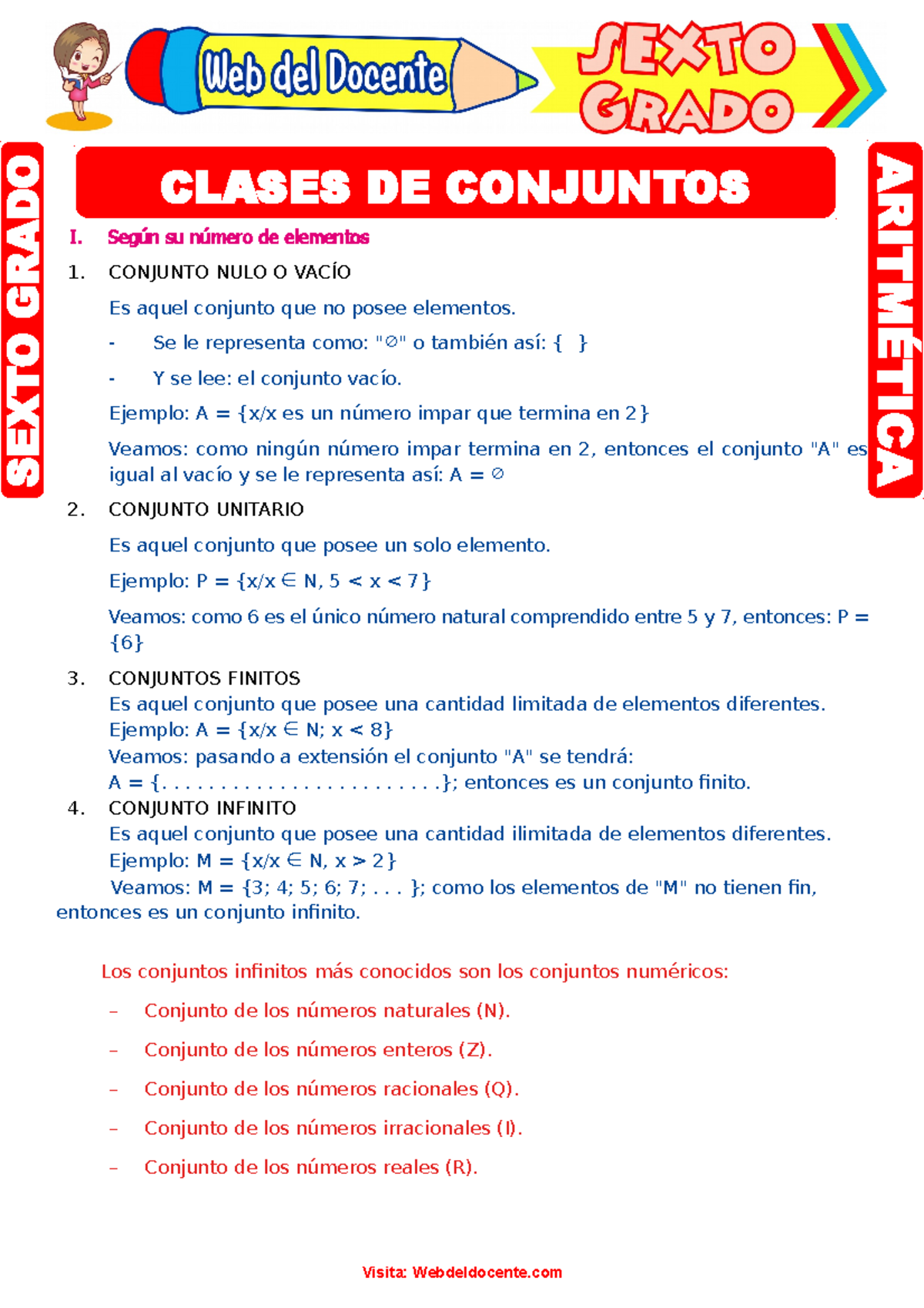 Clases de Conjuntos para Sexto Grado de Primaria - I. Según su número ...