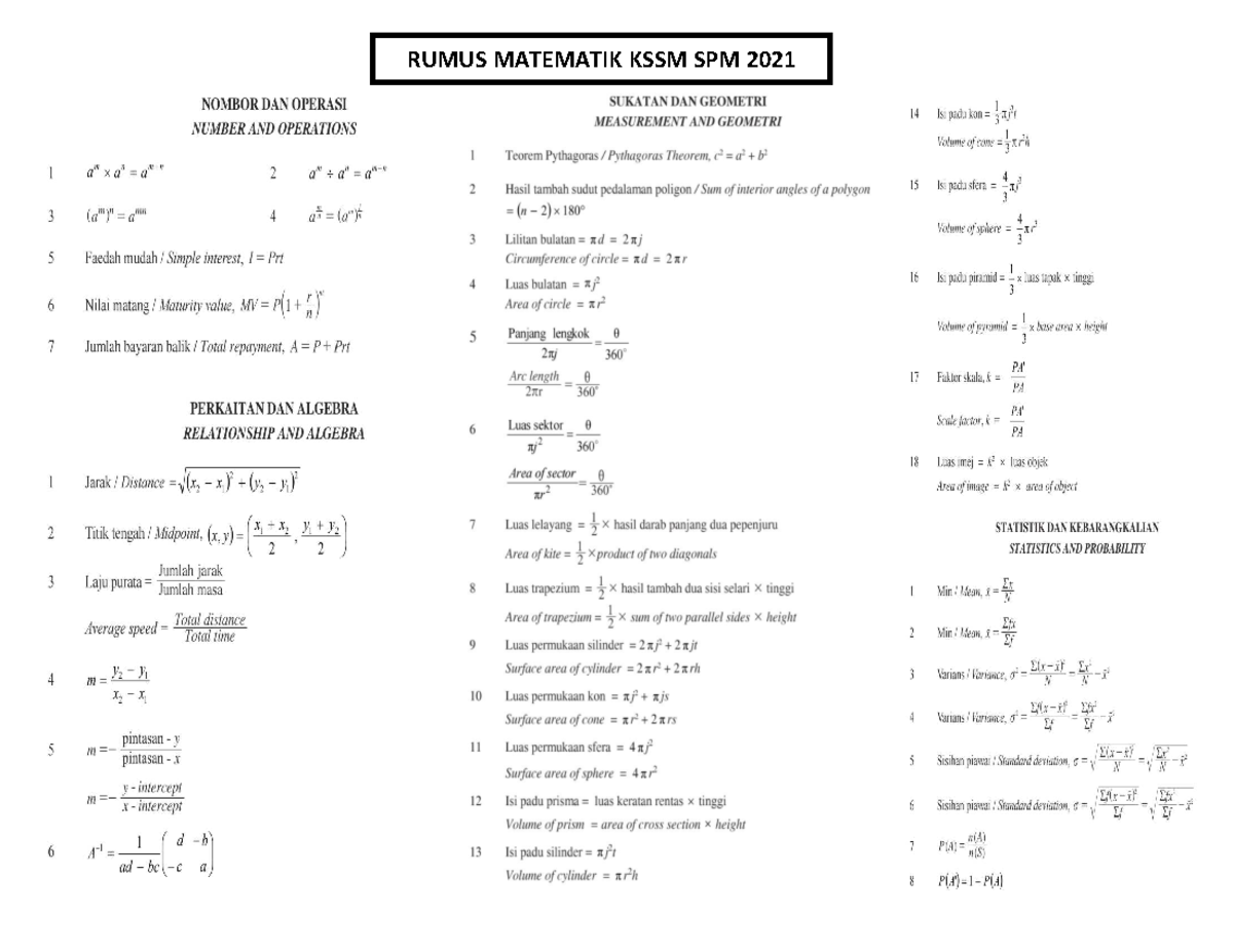 Rumus Matematik KSSM SPM 2021: Nombor, Operasi & Geometri - Studocu