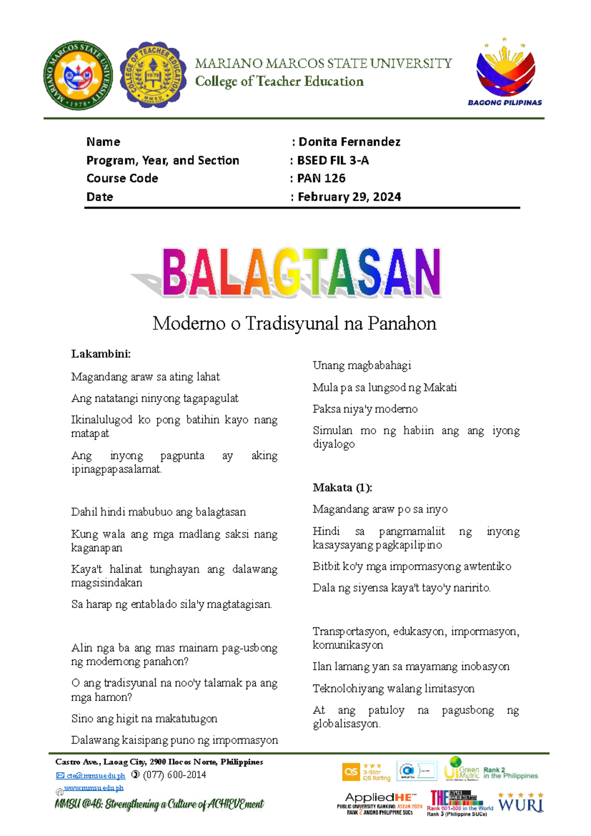 Halimbawa ng Iskrip sa Balagtasan: Moderno vs Tradisyunal (BSED FIL PAN ...