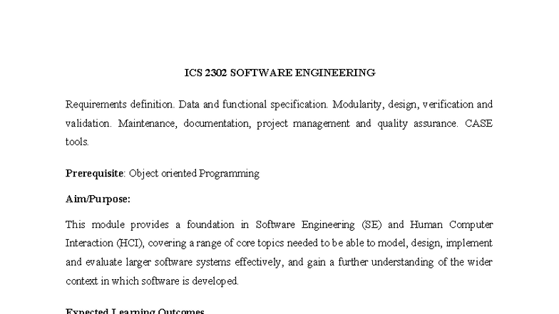 ICS 2302 Software Engineering Course Outline and Key Concepts - Studocu