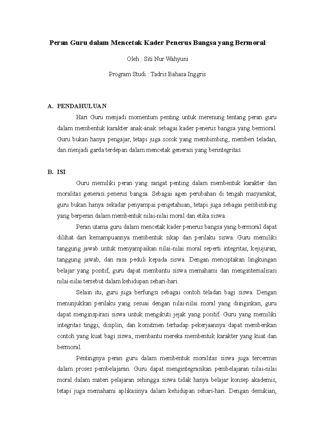 Peran Guru dalam Mencetak Kader Penerus Bangsa yang Bermoral - Tadris ...