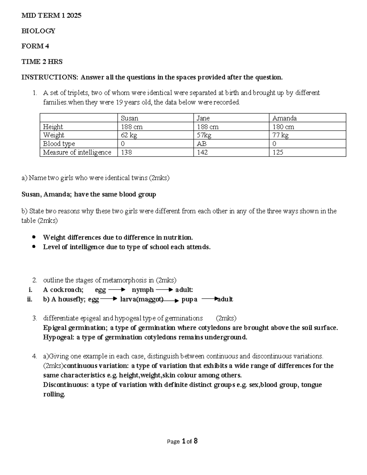 MID TERM 1 2025 BIOLOGY FORM 4 EXAM QUESTIONS AND ANSWERS - Studocu
