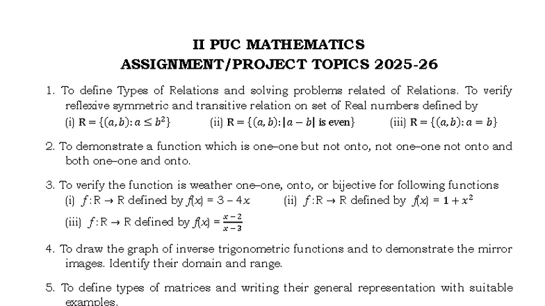 II PUC Mathematics Assignment: Relations, Functions, and Matrices - Studocu