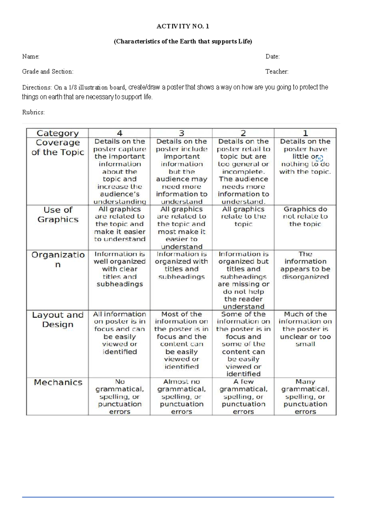Activity poster - Earth Science - ACTIVITY NO. 1 (Characteristics of ...