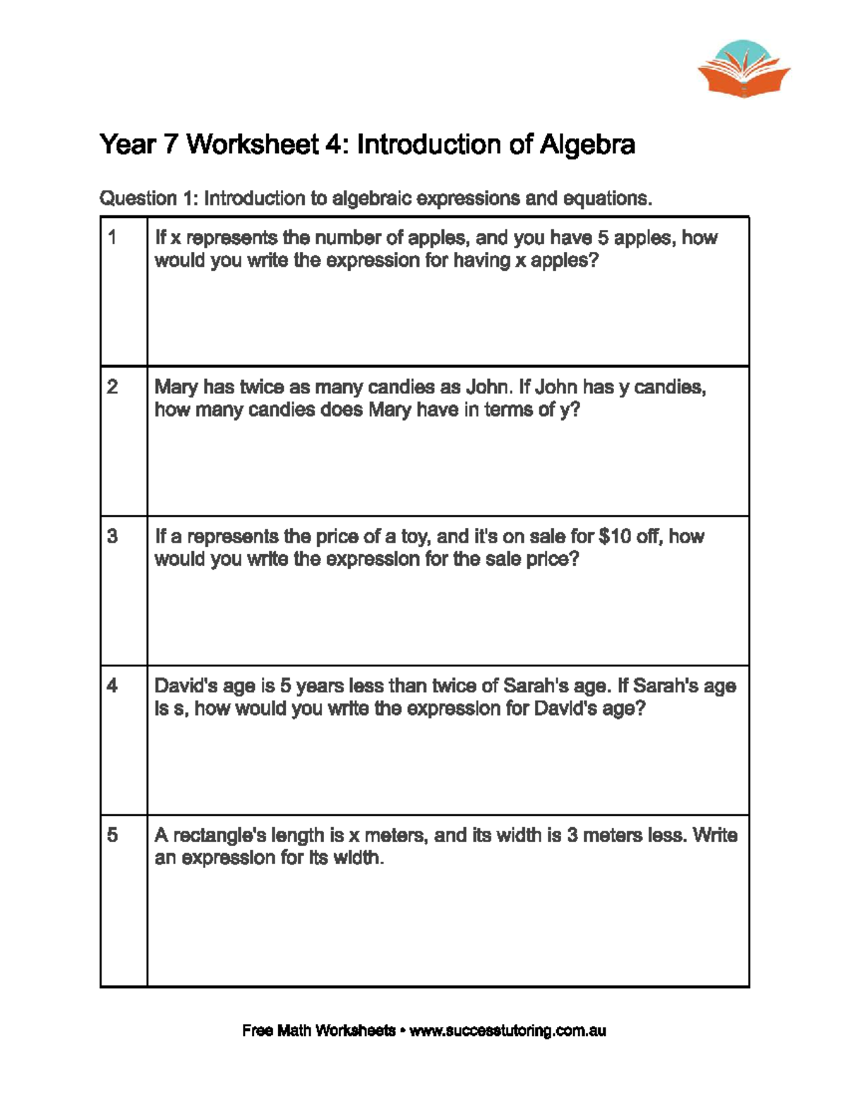 Year 7 Math Worksheet 4: Intro to Algebraic Expressions & Equations ...