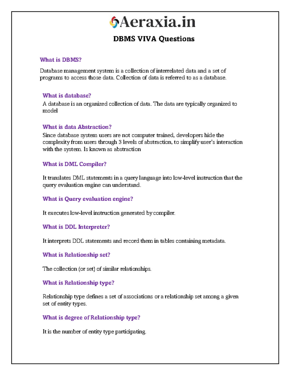 DBMS VIVA Questions: Comprehensive Guide for Exam Preparation - Studocu