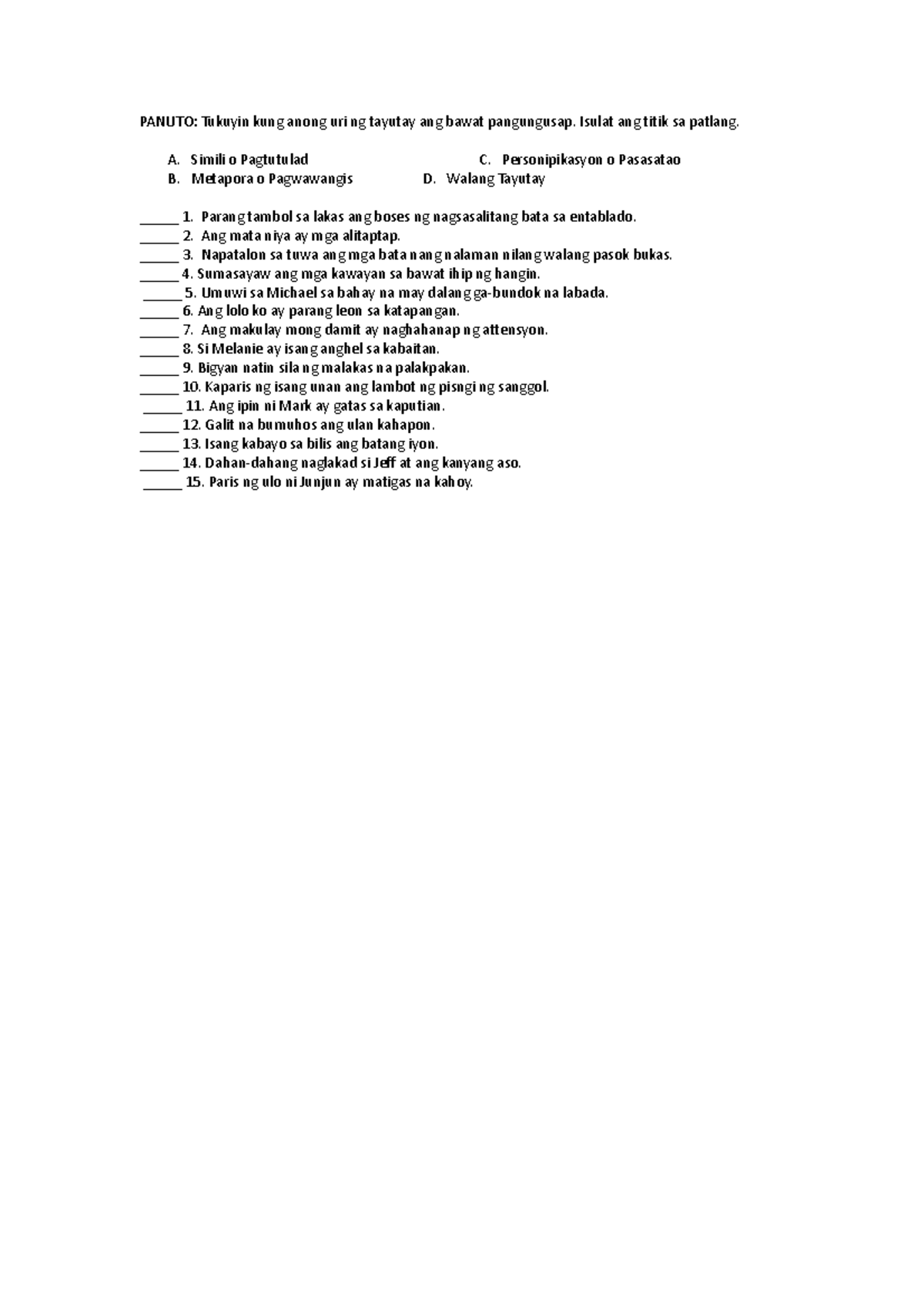 Tayutay Worksheet: Tukuyin ang Uri ng Tayutay sa Bawat Pangungusap - Studocu