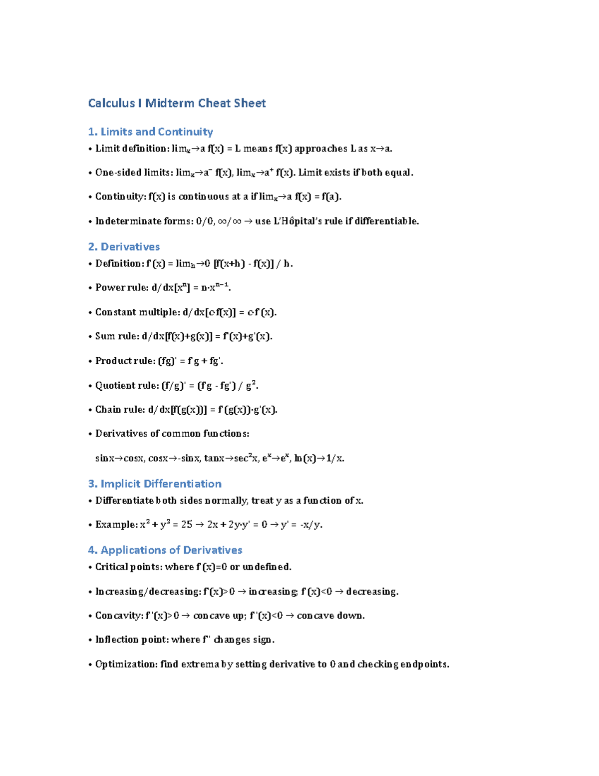Calculus I Midterm Cheat Sheet: Limits, Derivatives & Applications - Studocu