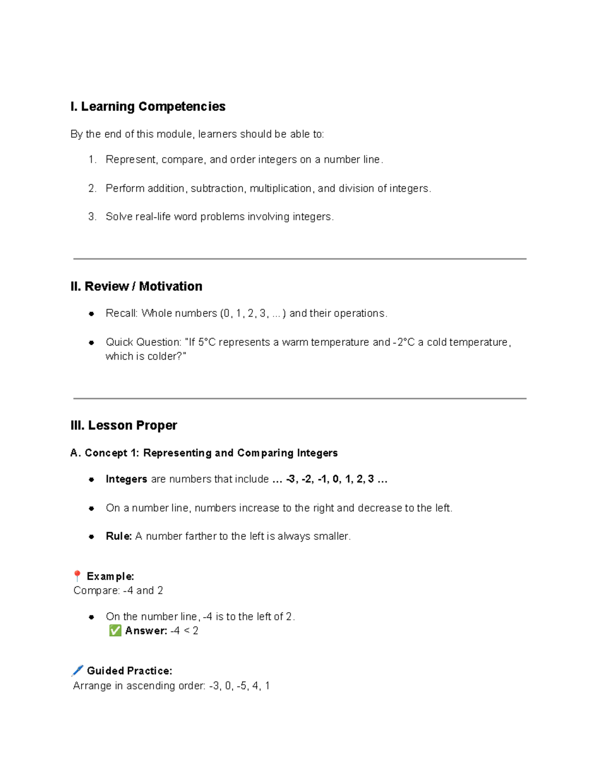 GRADE 7 MATH: Lesson on Integers - Concepts & Assessments - Studocu