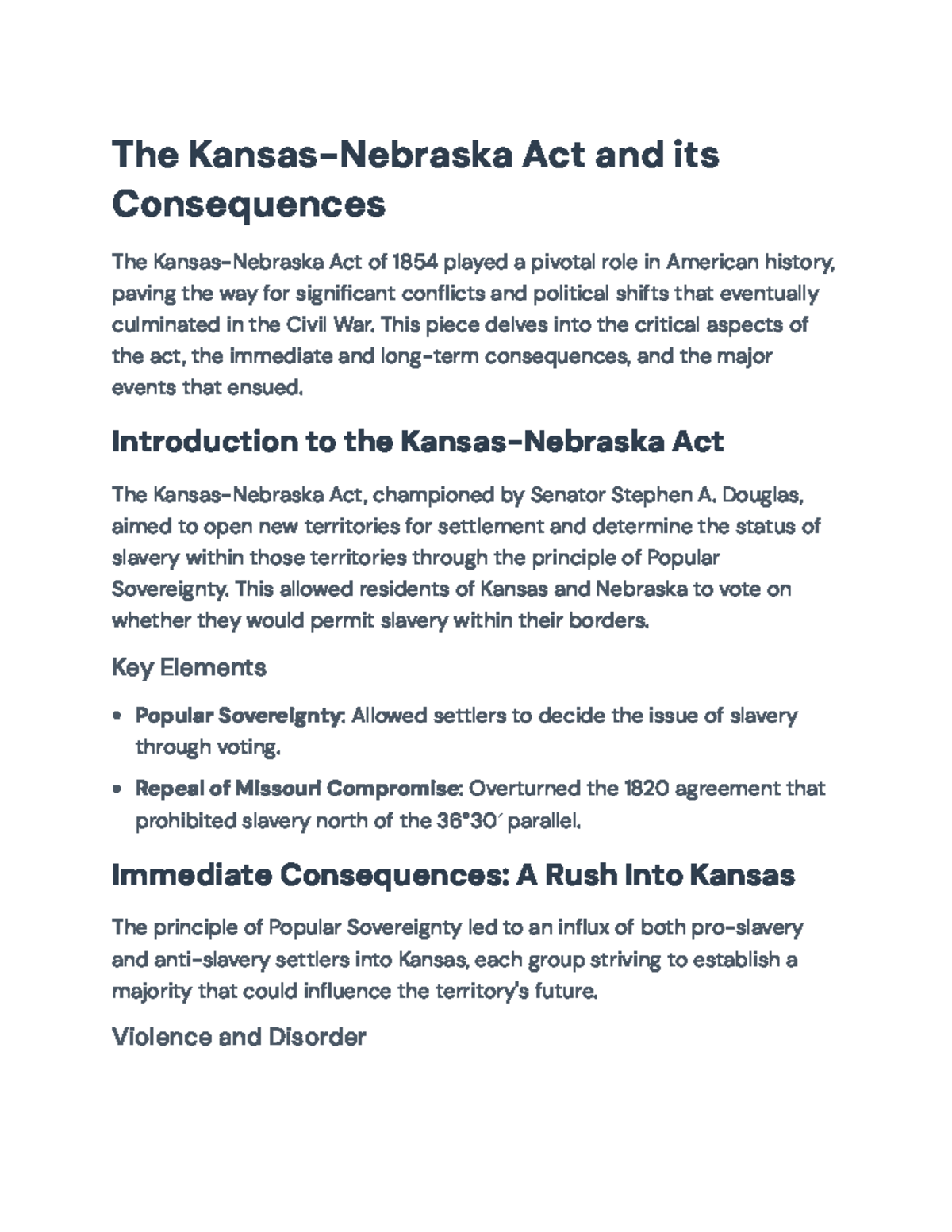 Kansas-Nebraska Act: Impacts on Slavery and Prelude to Civil War - Studocu