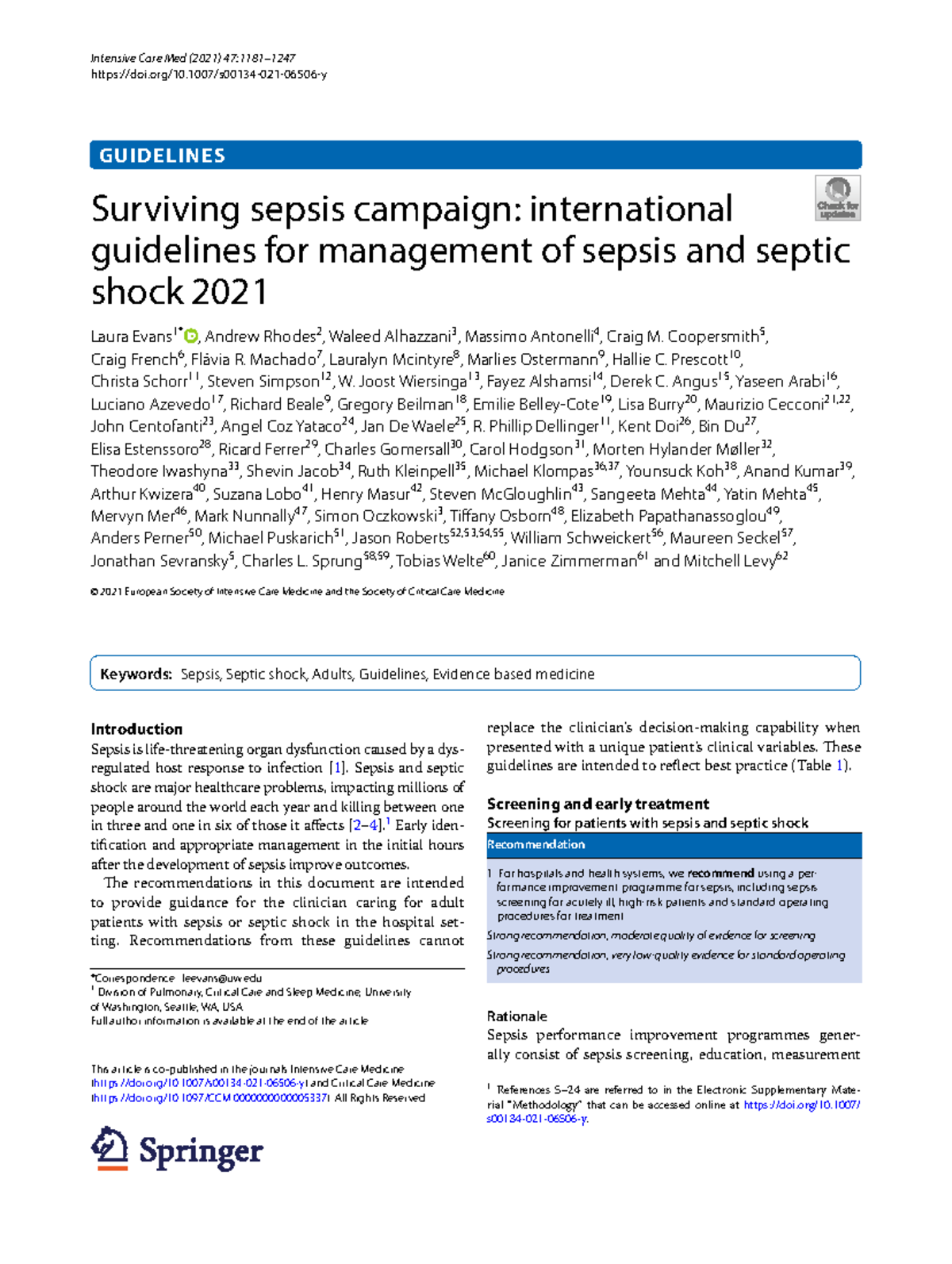 Surviving Sepsis Campaign Guidelines 2021: Management of Sepsis and ...