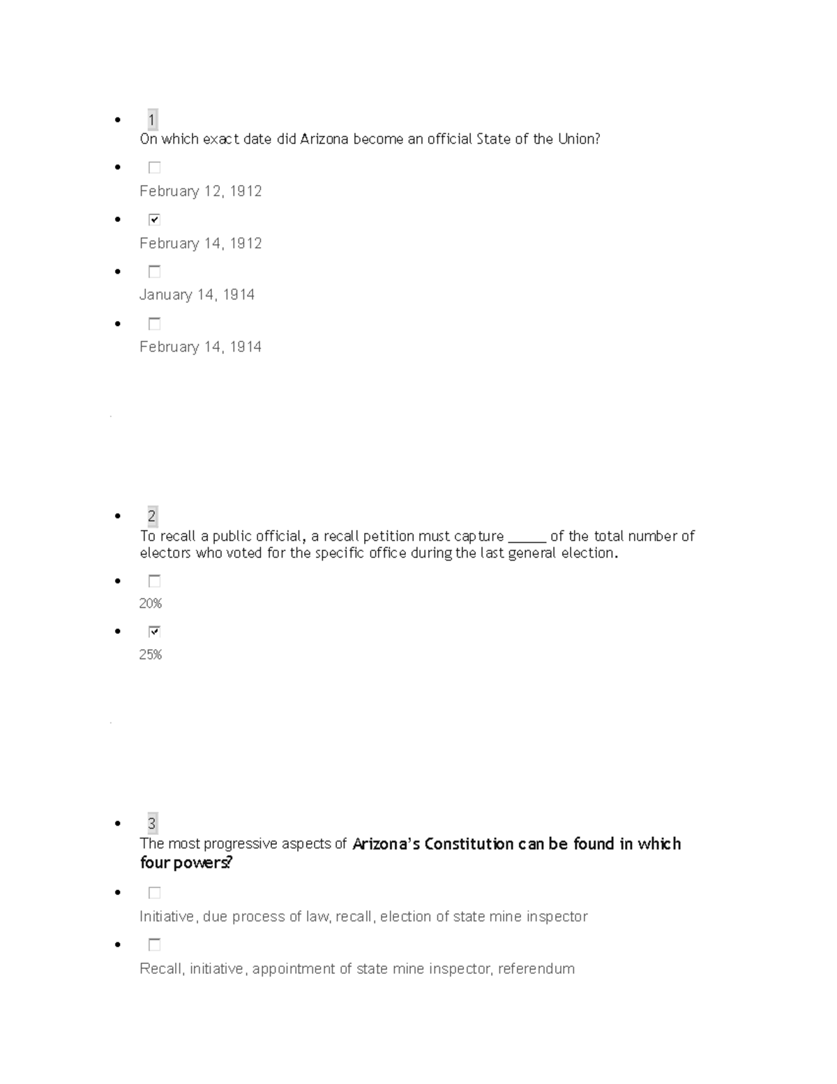 Week 1 Quiz - Week 1 test - 1 On which exact date did Arizona become an ...