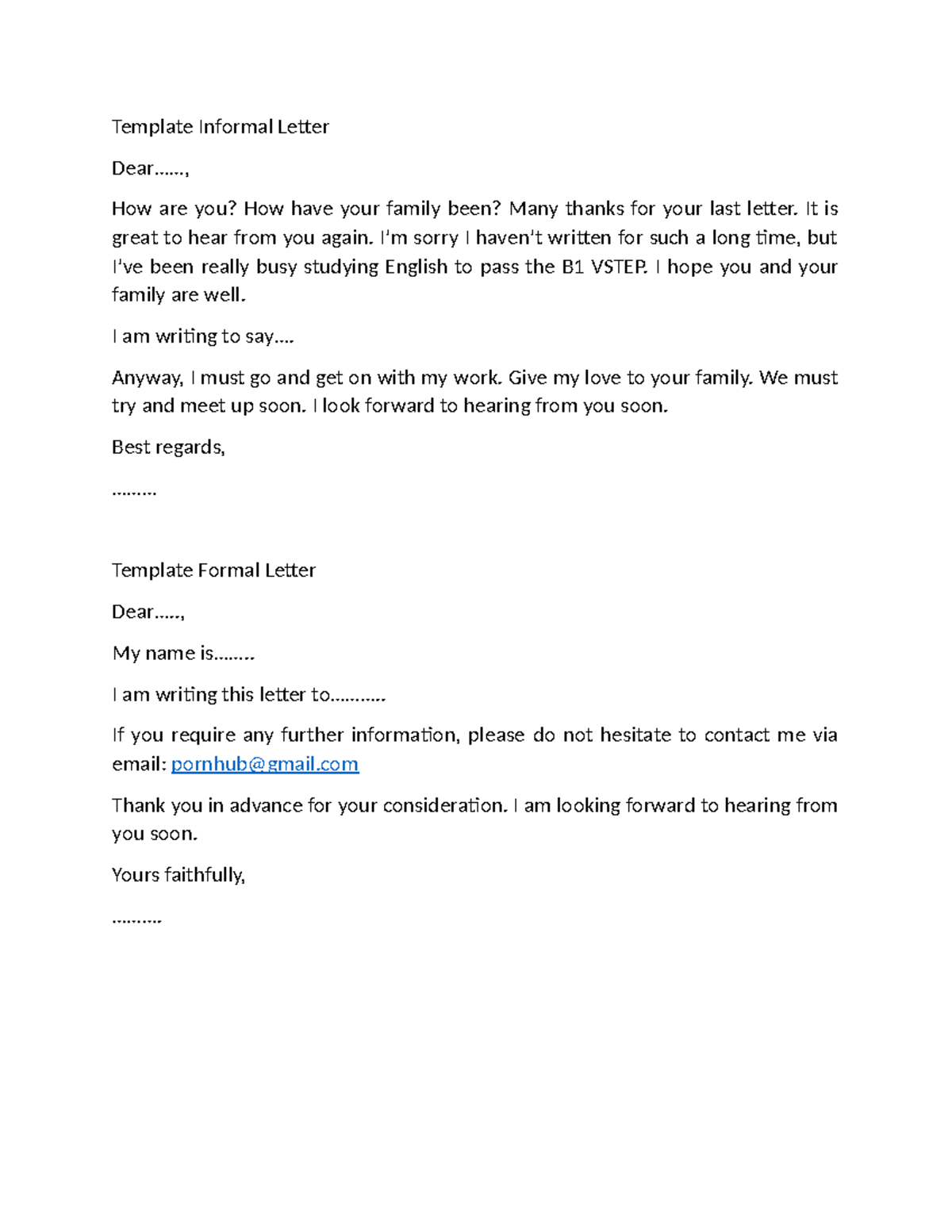 Informal Letter Template for B1 VSTEP Preparation - Studocu