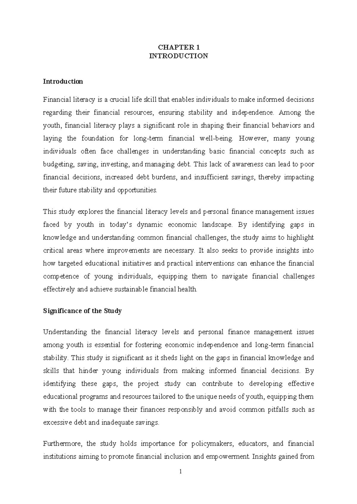 CHAPTER 1: INTRODUCTION TO FINANCIAL LITERACY AMONG COLLEGE STUDENTS ...